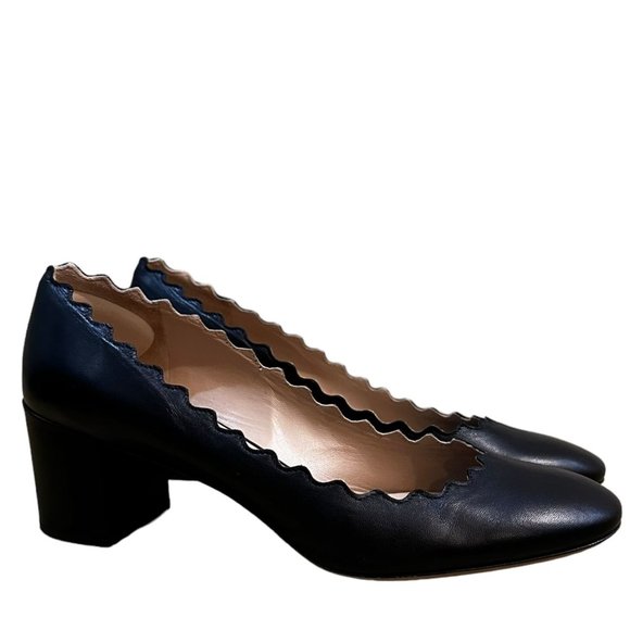 Chloe | Shoes | Chloe Black Leather Lauren Scallop Trim Block Heel ...